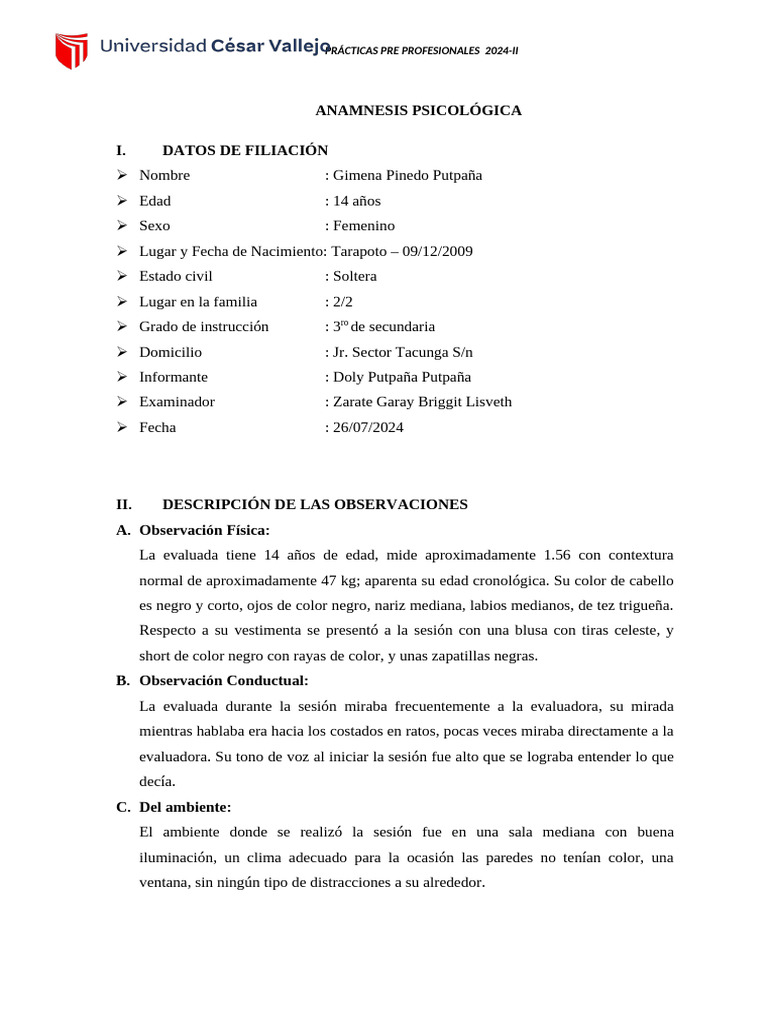 Anamnesis Psicológica Primera Parte | PDF