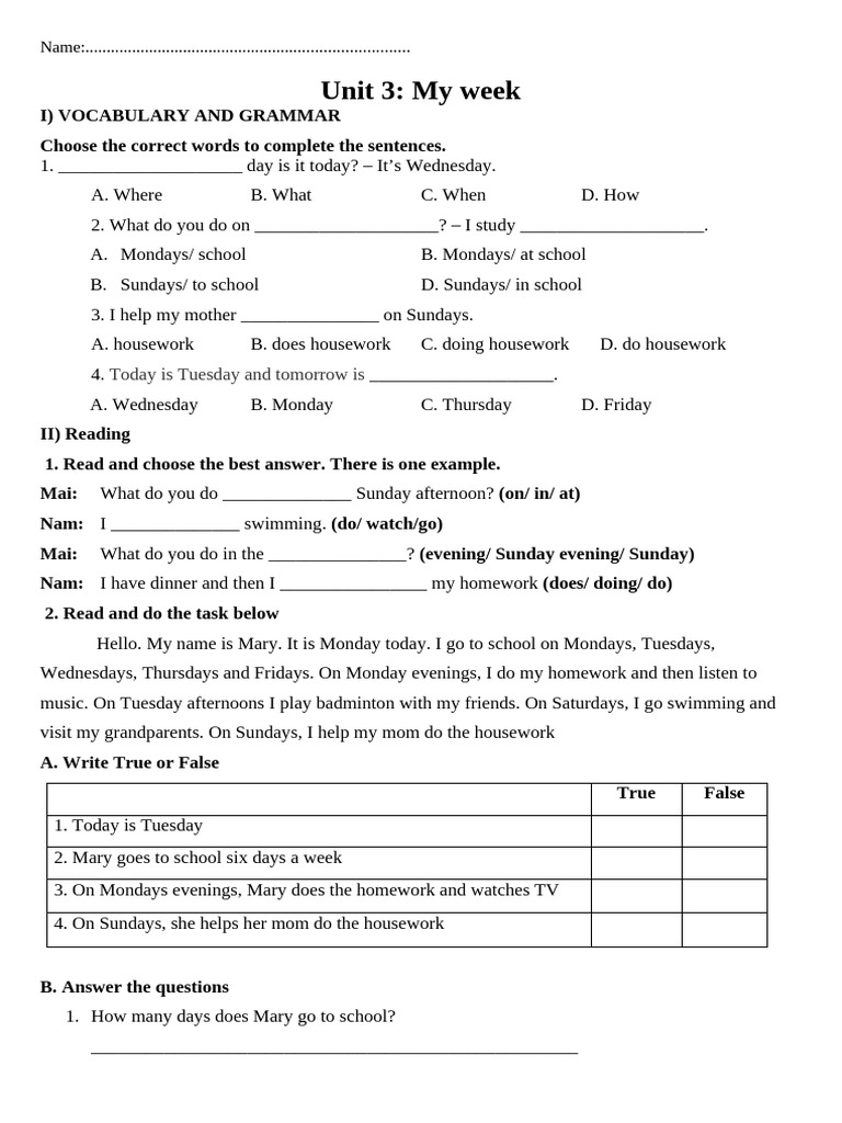 Vocabulary and Grammar for Weekly Activities | PDF