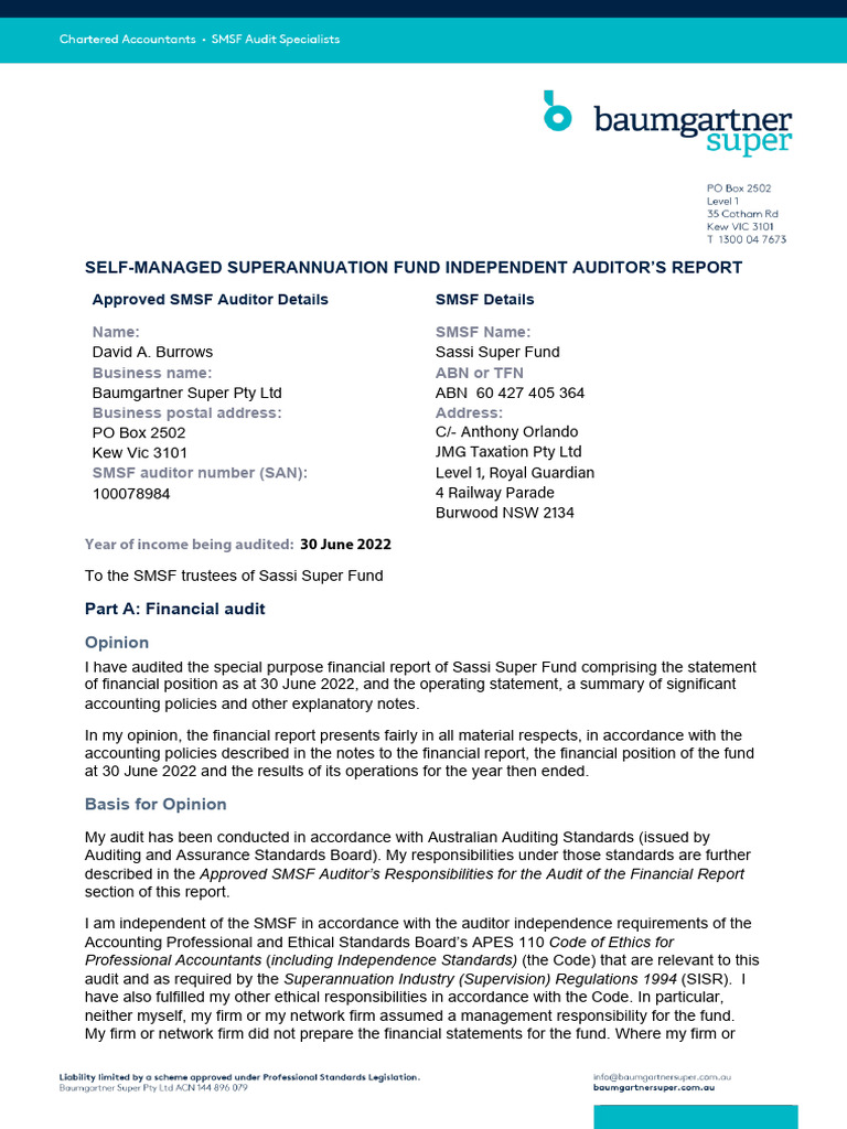 Audit Report Sample For Super Fund | PDF | Audit | Internal Control