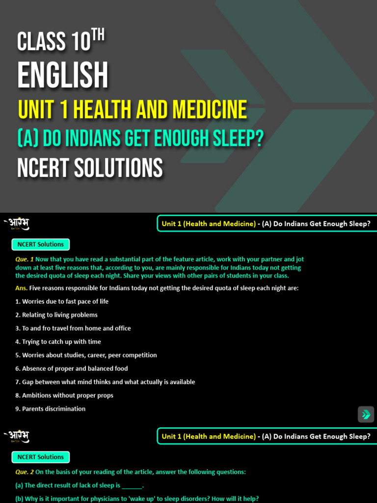 Do Indians Get Enough Sleep NCERT Solutions Lecture 2 - by | PDF ...