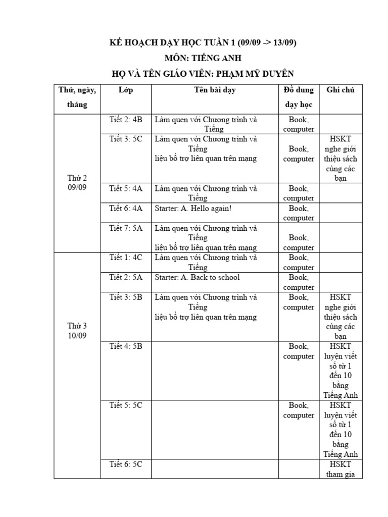 Tuần 1. KHDH NN. Duyên. | PDF