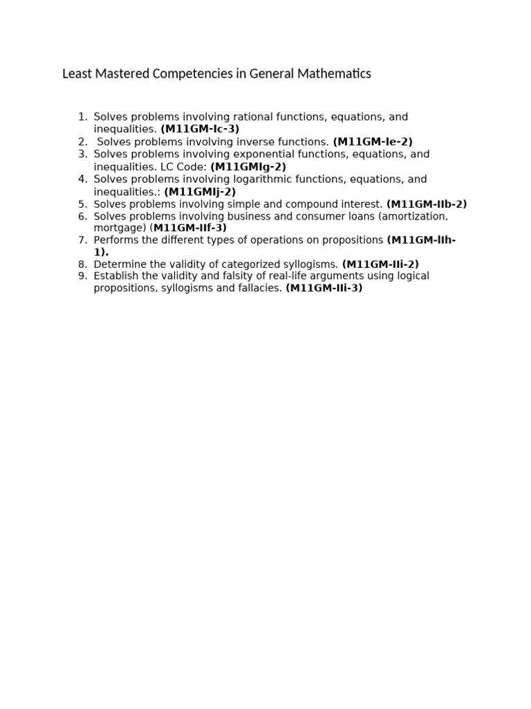 Least Mastered Competencies in General Mathematics | PDF