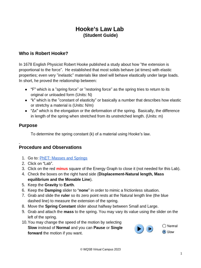 Hookes Law Lab Student Guide | PDF | Elasticity (Physics) | Mechanics