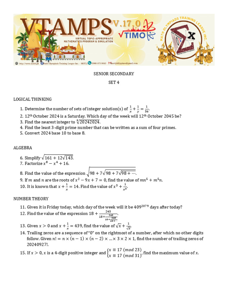 VTAMPS 17 SS Set 4 | PDF | Numbers | Mathematics