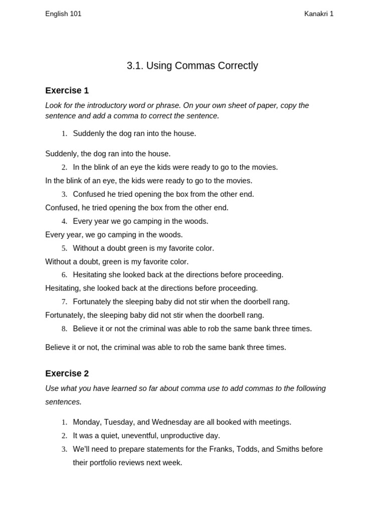 3.1 Using Commas Correctly (Exercises) | PDF
