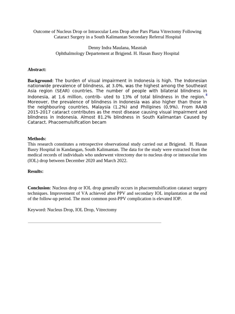 Outcome of Nucleus Drop or Intraocular Lens Drop After Pars Plana ...