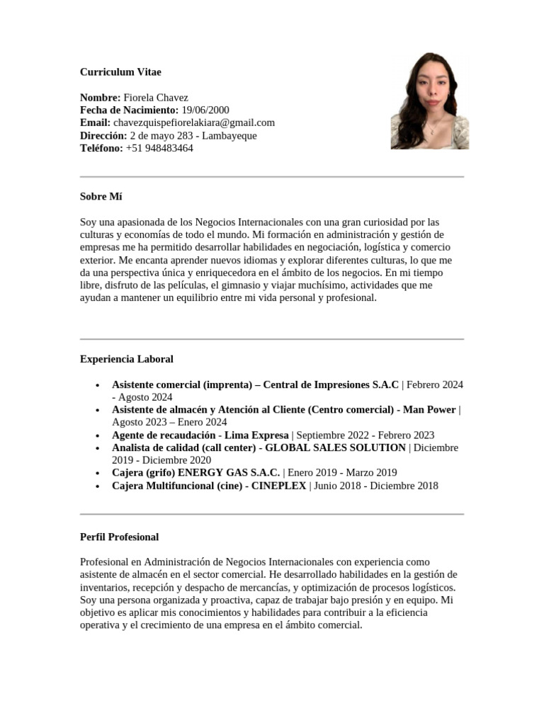 Curriculum Vitae-Fiorela Chavez | PDF | Business | Economias