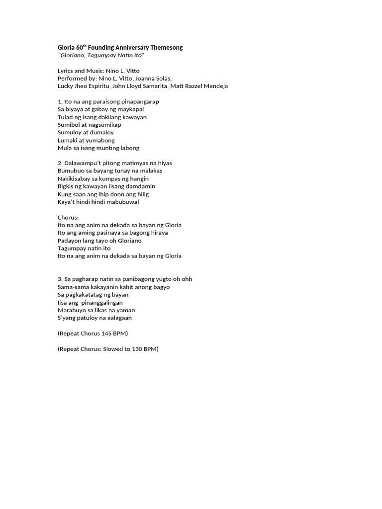 Gloria 60th Founding Anniversary Themesong | PDF