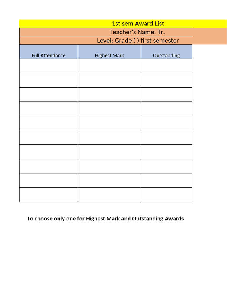 1st Sem Test Mark and Award List Submission Format | PDF