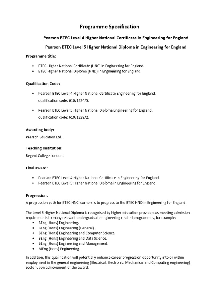 HND in Engineering Programme Specifications | PDF | Educational ...