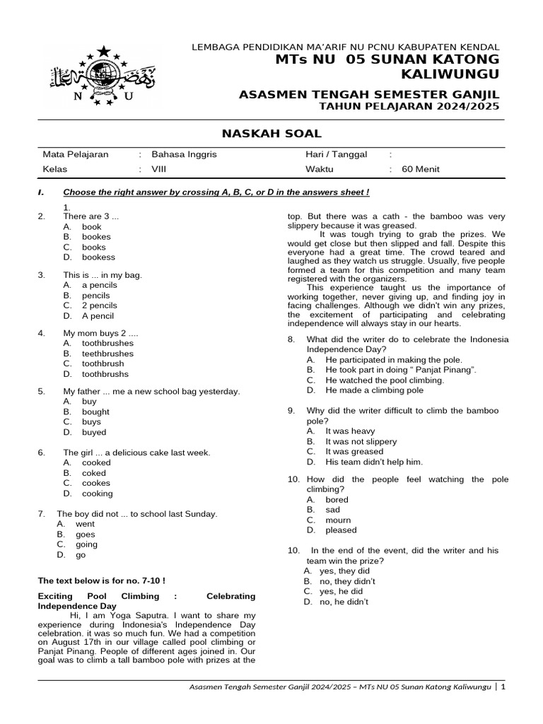 Soal Ats Ganjil Inggris 8 2024 | PDF