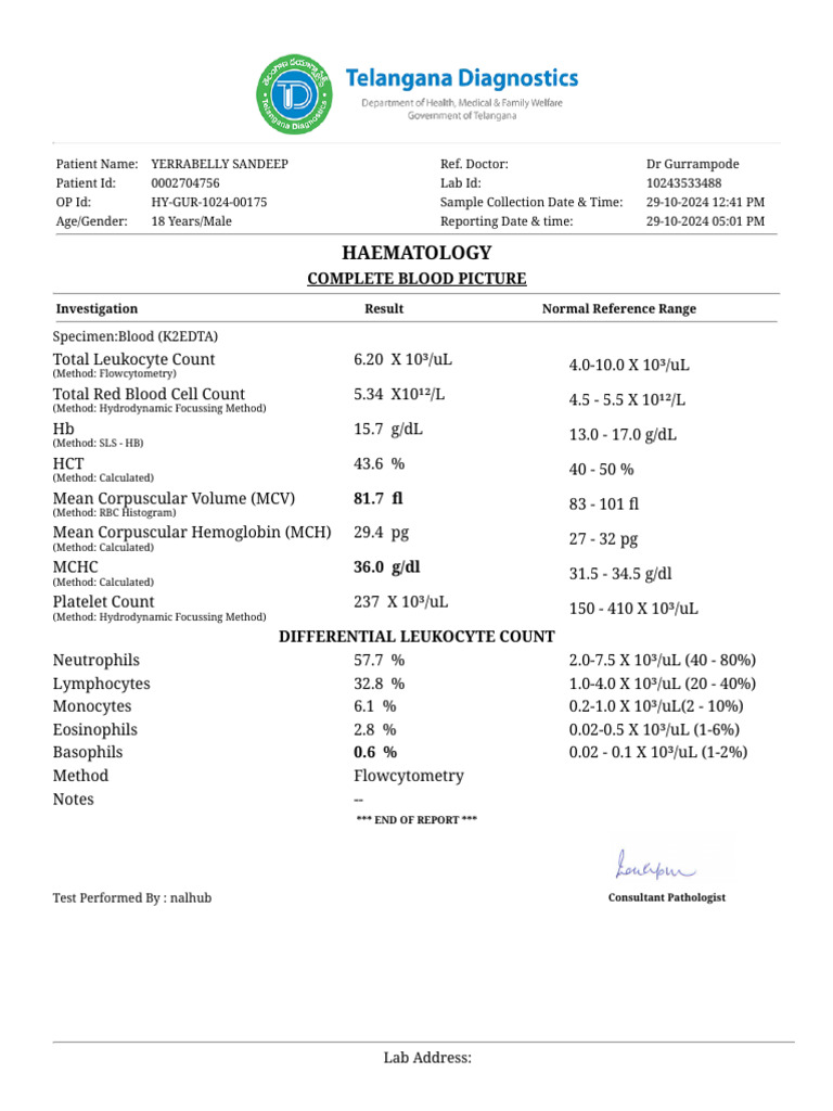 Telangana Blood Test Report for Yerrabelly Sandeep | PDF | White Blood ...