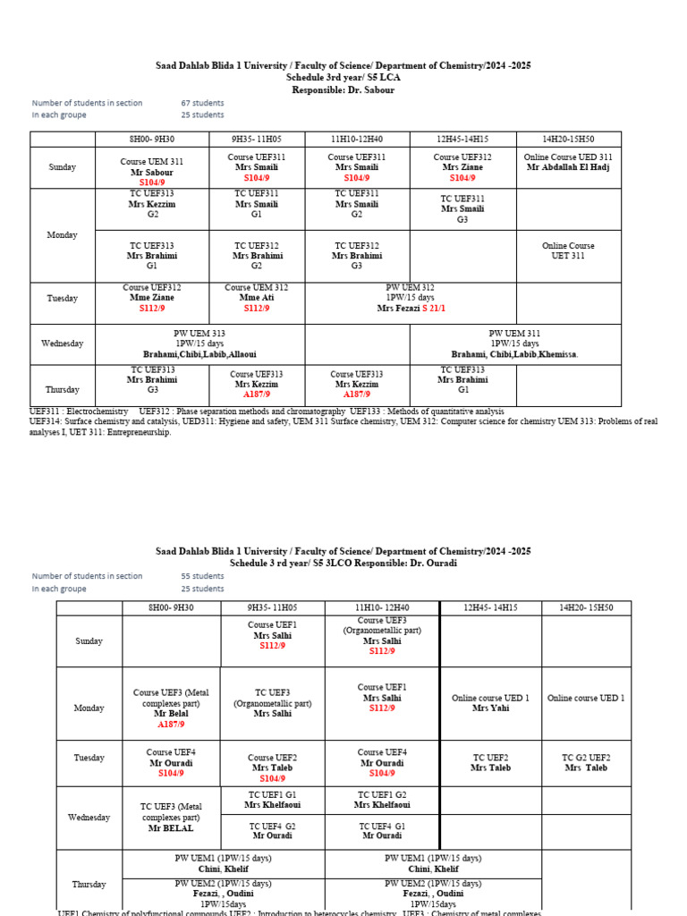 Schedules Department of Chemistry | PDF | Chemistry | Physical Sciences