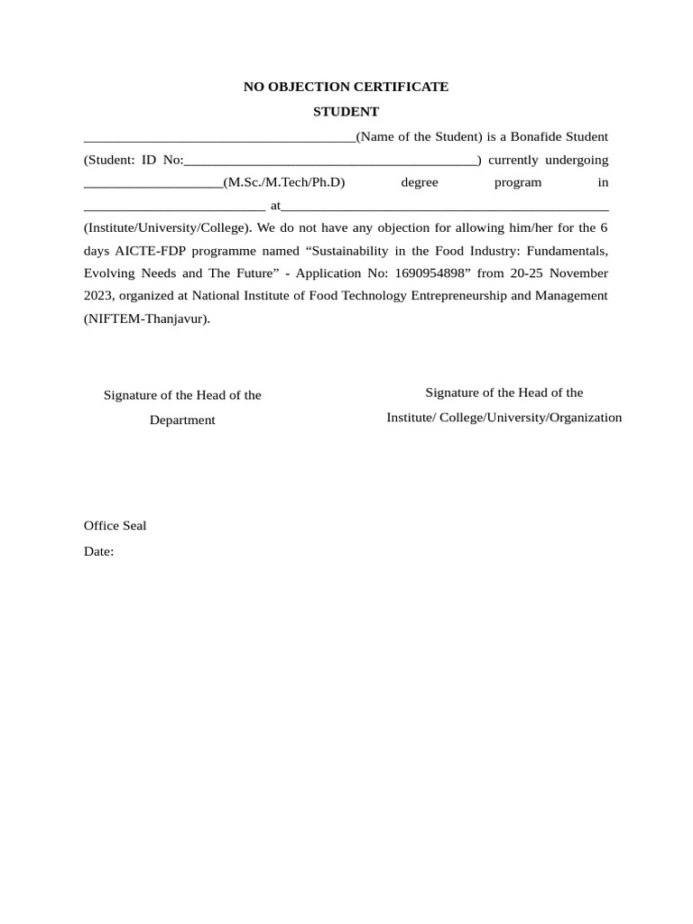 No Objection Certificate for Students | PDF