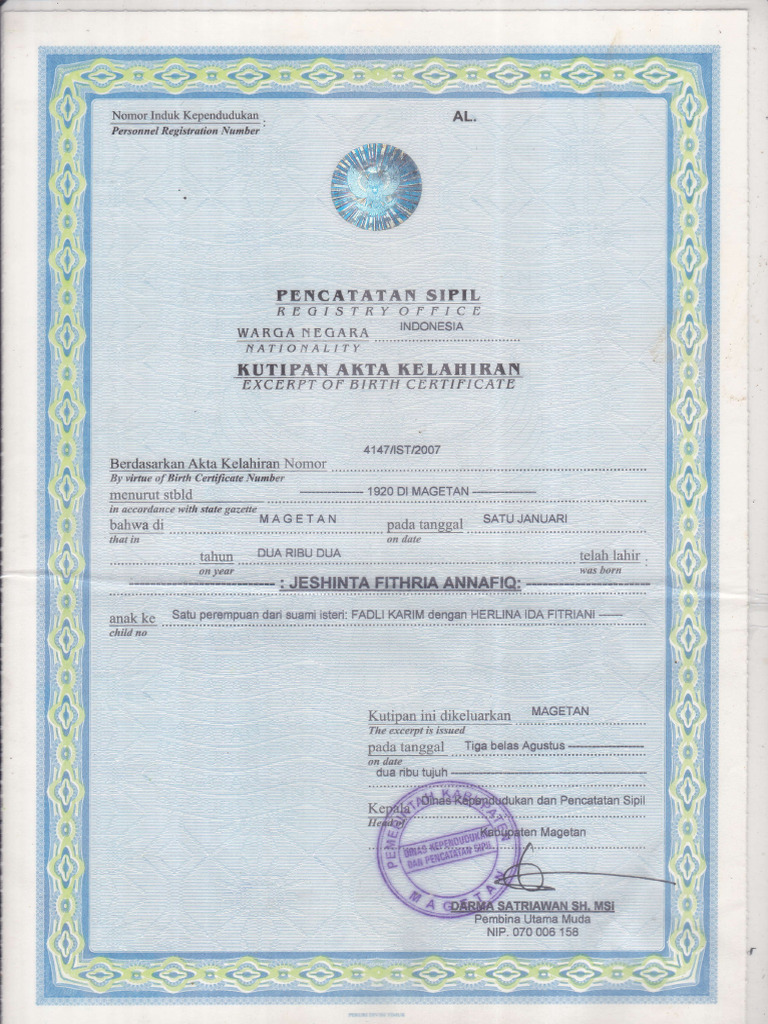 Birth Certificate Excerpt Indonesia | PDF