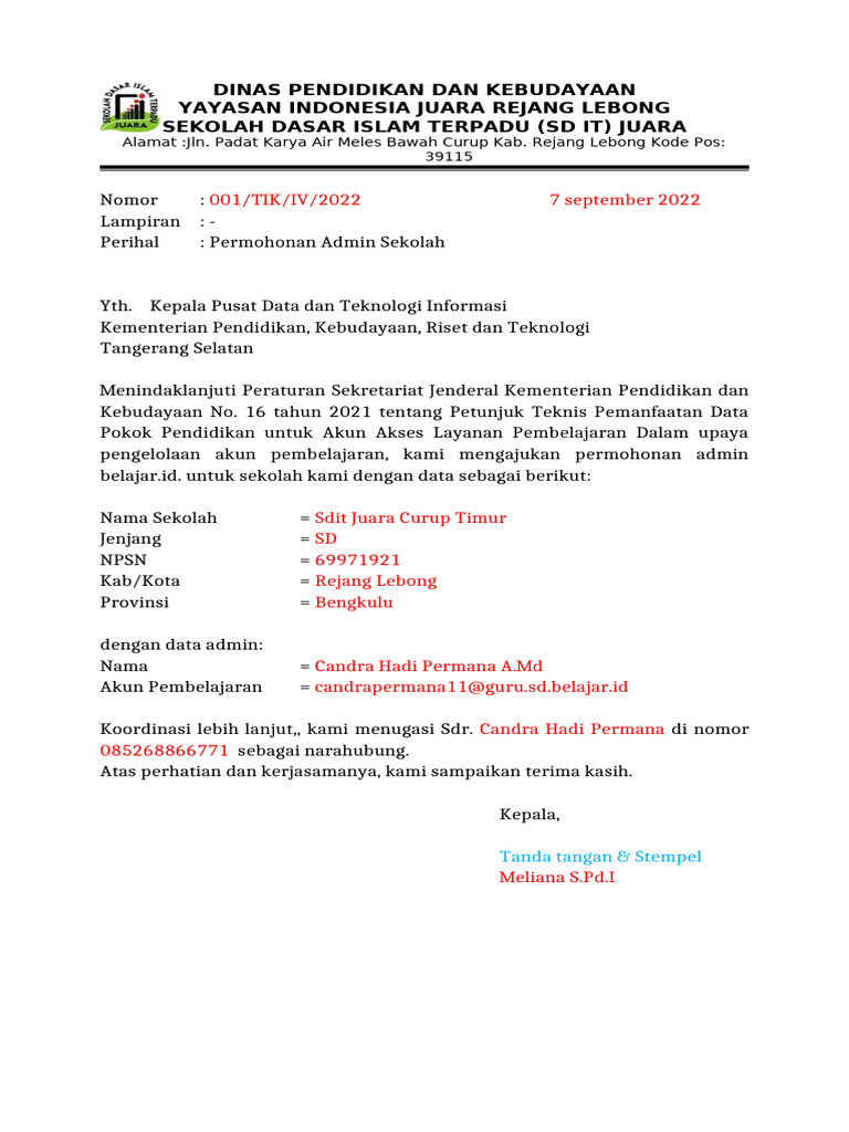 Contoh Surat Permohonan Admin Sekolah | PDF