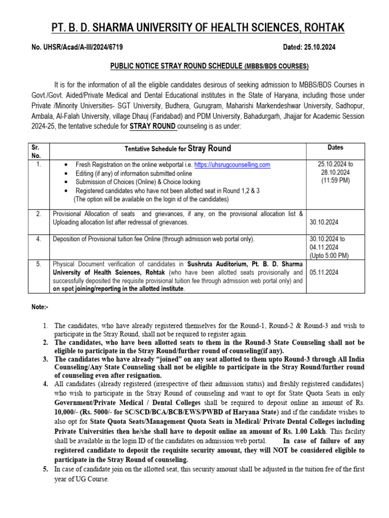 Pt. B. D. Sharma University of Health Sciences, Rohtak: Stray Round | PDF