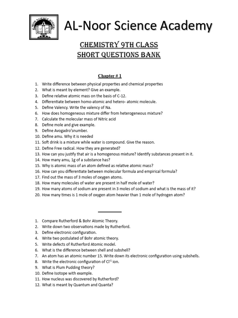 9th Class Chemistry Chapter 1 Q&A | PDF | Chemical Bond | Chemical Polarity