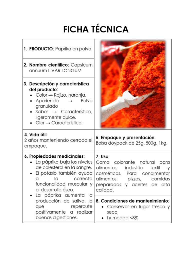 FICHA TÉCNICA (PAPRIKA EN POLVO) | PDF
