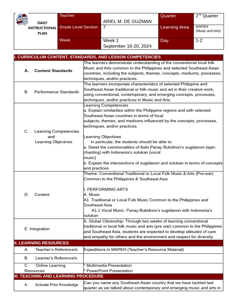 Grade 7 Music & Arts Q2 Week 1 Plan | PDF | Learning | Cognition
