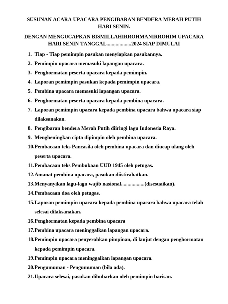 Susunan Acara Upacara Pengibaran Bendera Hari Senin | PDF