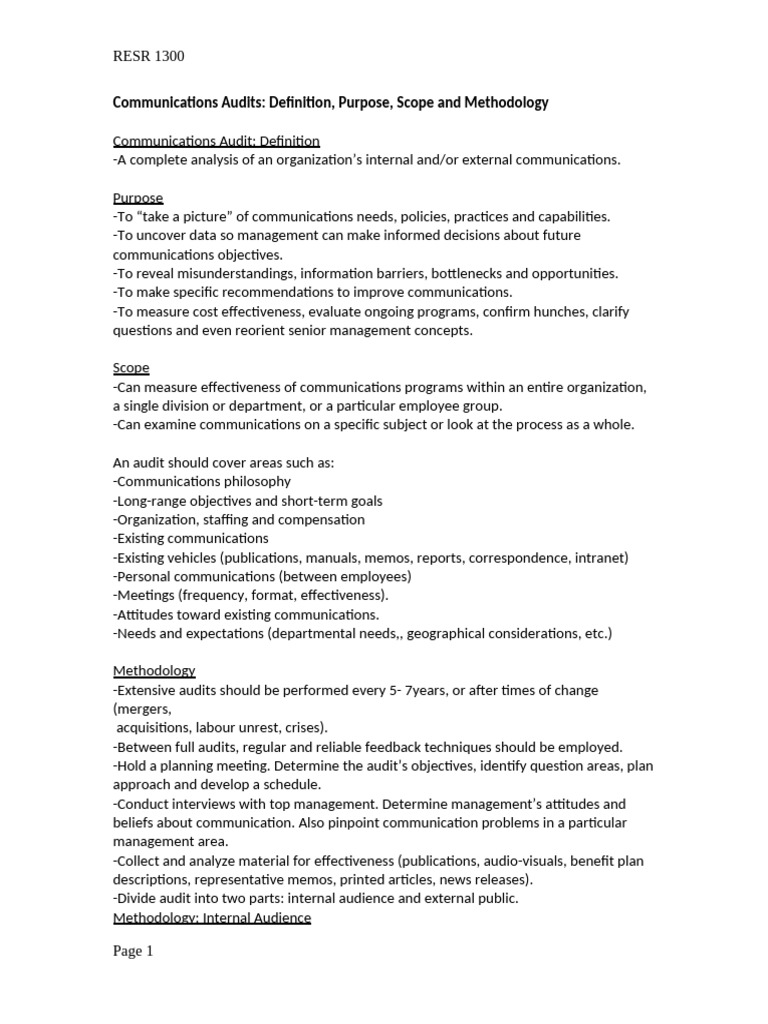 Communications Audits Handout - Week 12 | PDF | Audit | Communication