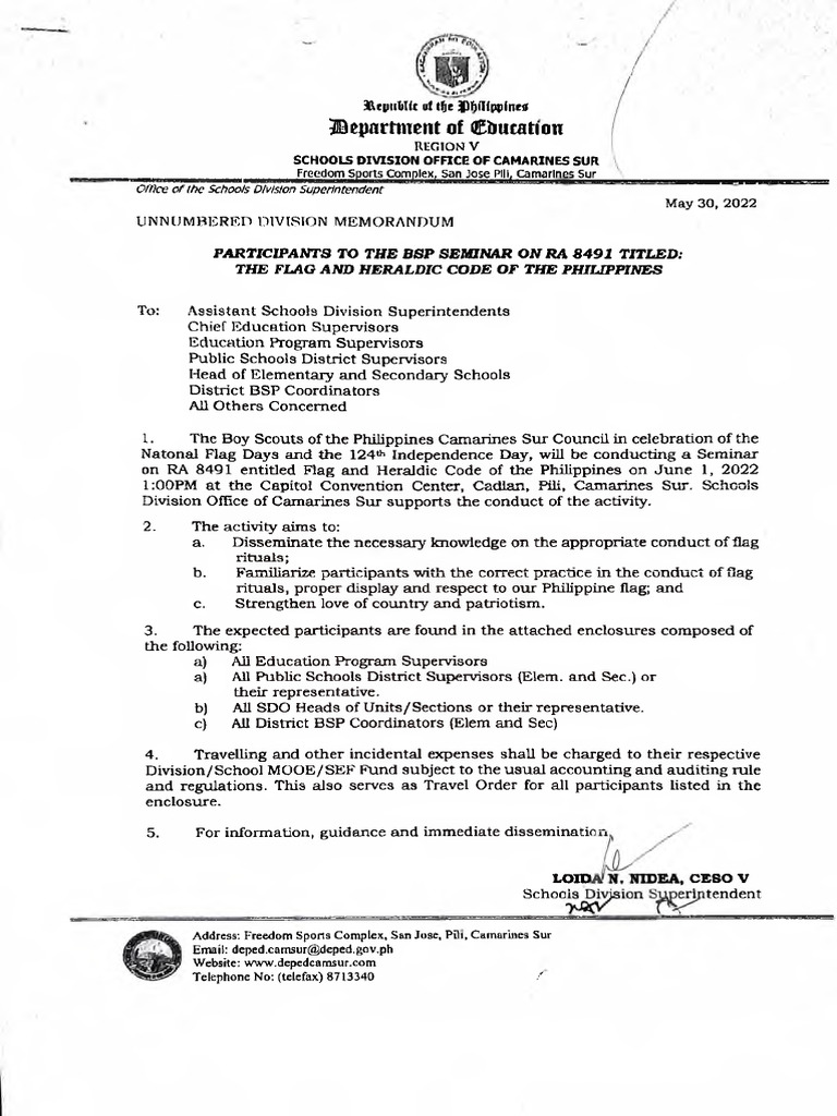 Unnumbered Memo - Participants To The BSP Seminar On Ra 8491 Tittled ...