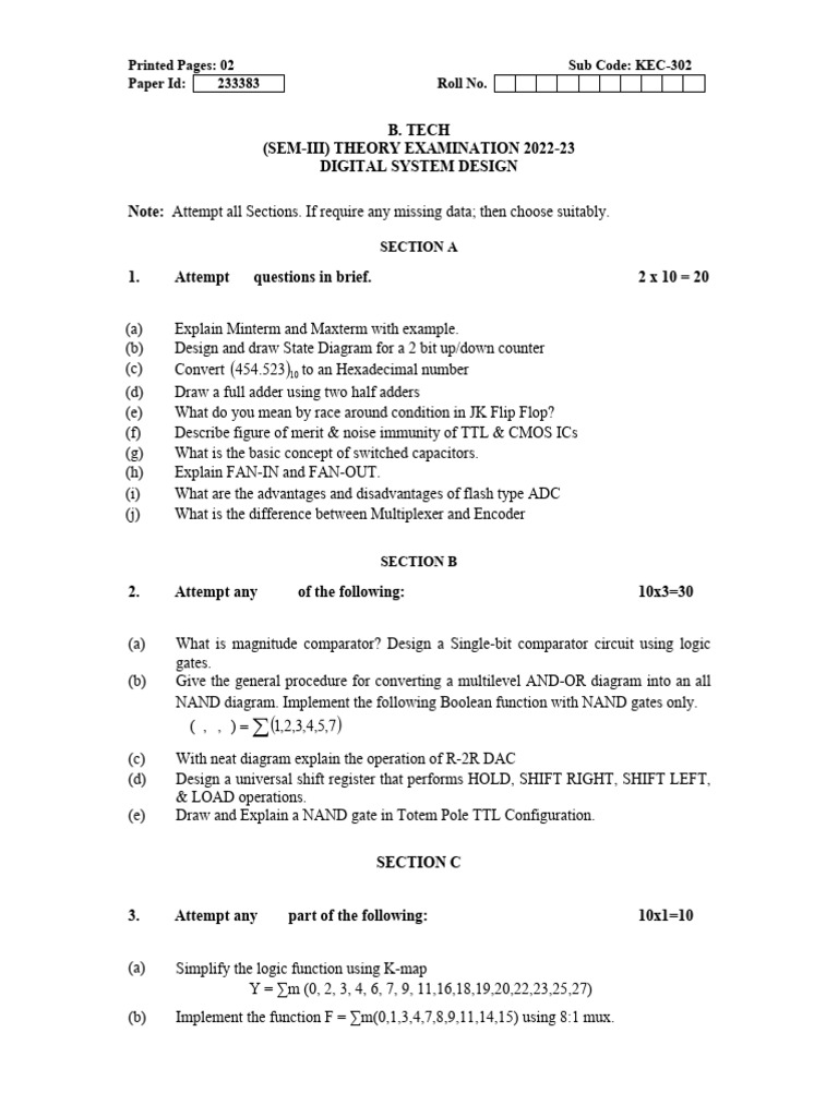 Btech Ec 3 Sem Digital System Design Kec 302 2023 | PDF | Logic Gate | Digital Technology