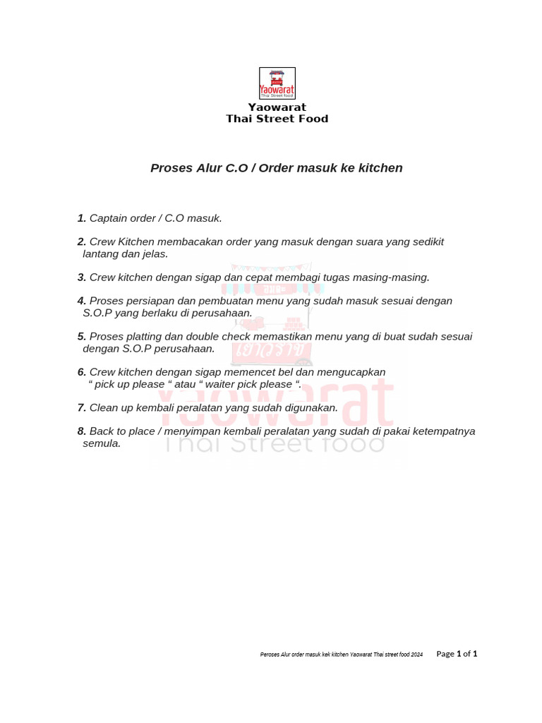 Alur Kerja C.O Di Kitchen | PDF