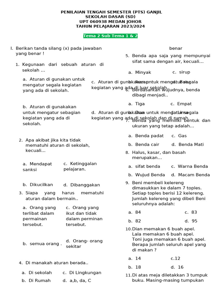SOAL PTS KELAS 2 TEMA 2 Bagian 1 - Reupload Kamimadrasah | PDF