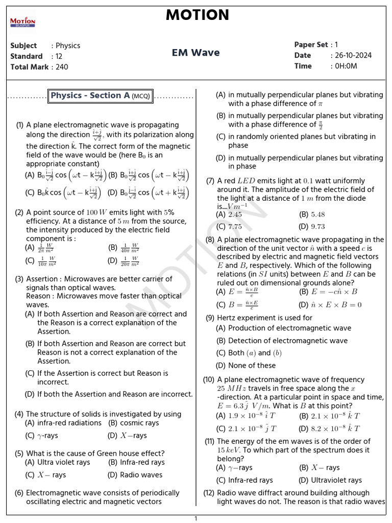 Physics Motion Exam: EM Waves MCQs | PDF | Electromagnetic Radiation | Waves