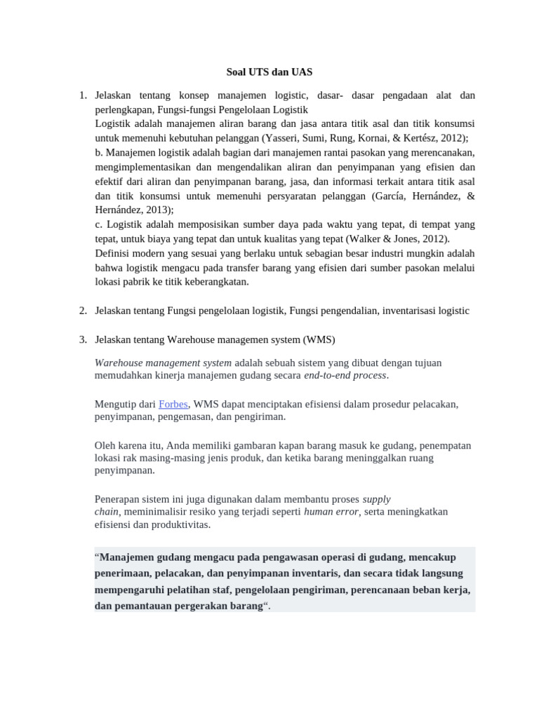 Soal UTS Dan UAS S2 Managemen Logistik Dan Fasilitas Ok | PDF