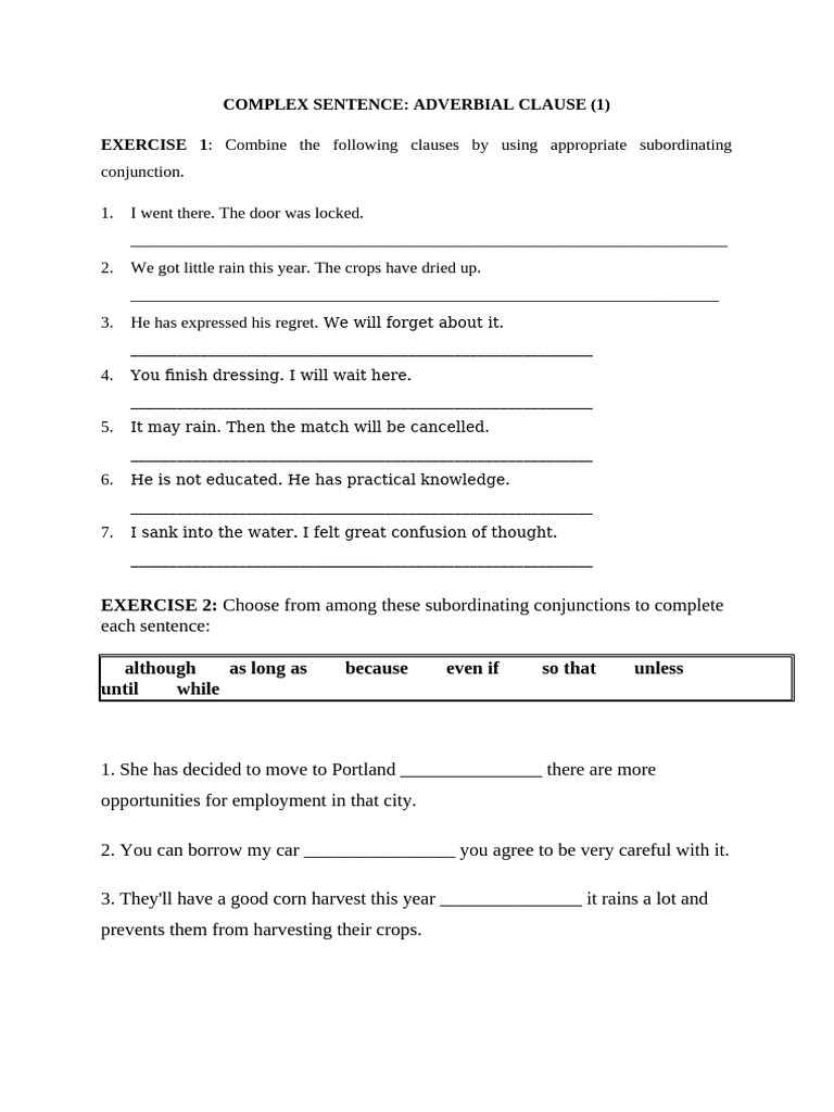 Complex Sentence Exercises for Students | PDF | Adjective | Sentence ...