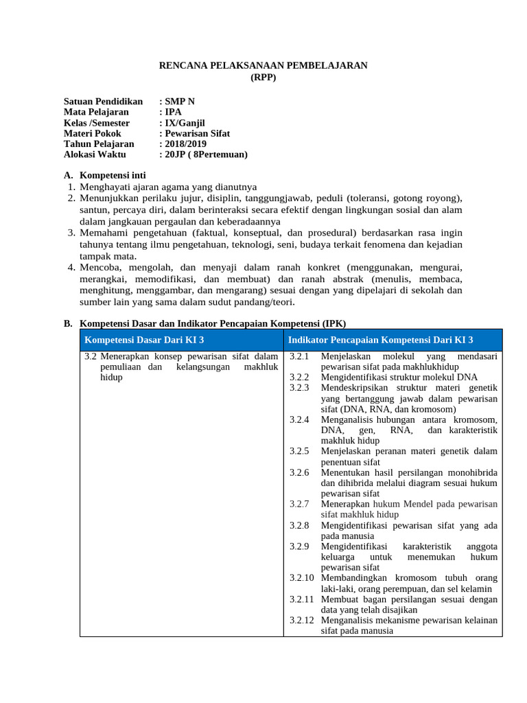 RPP 3 KELAS IX Pewarisan Sifat | PDF