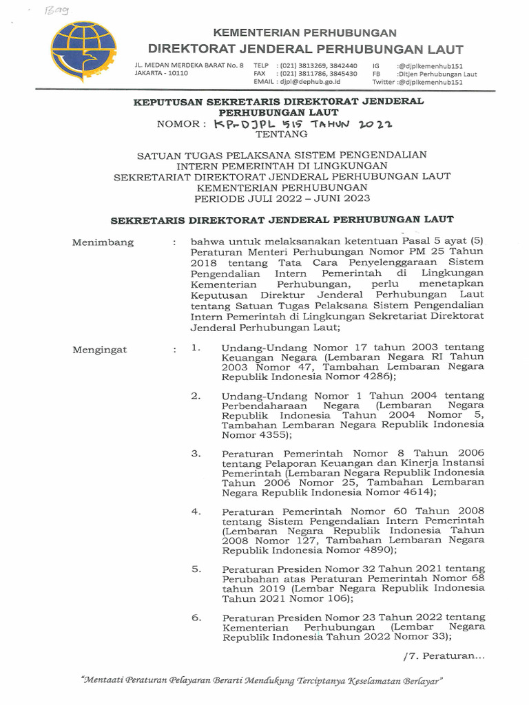 1.SK TIM Satuan Tugas (Satgas) SPIP Setditjen Hubla - (Contoh) | PDF