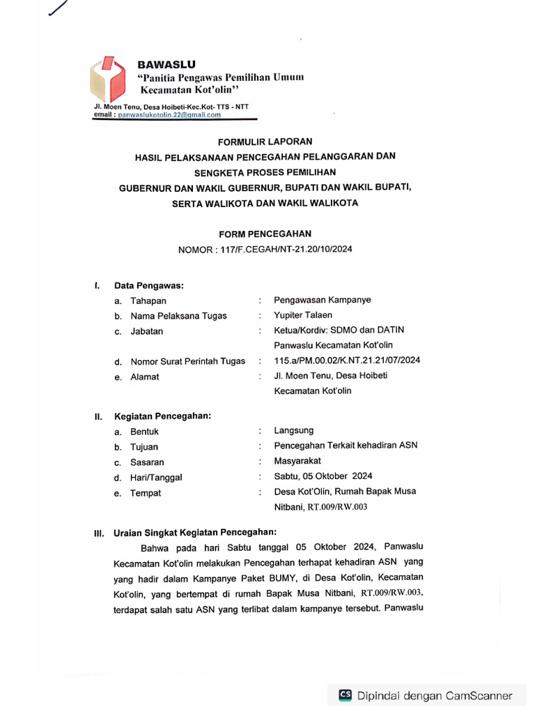 Form A Pencegahan Desa Kot'olin | PDF