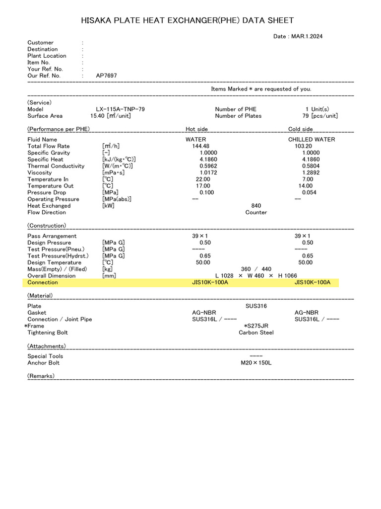 Heat Exchanger Data Sheet AP7697 (LX-115A-TNP-79) | PDF | Heat ...
