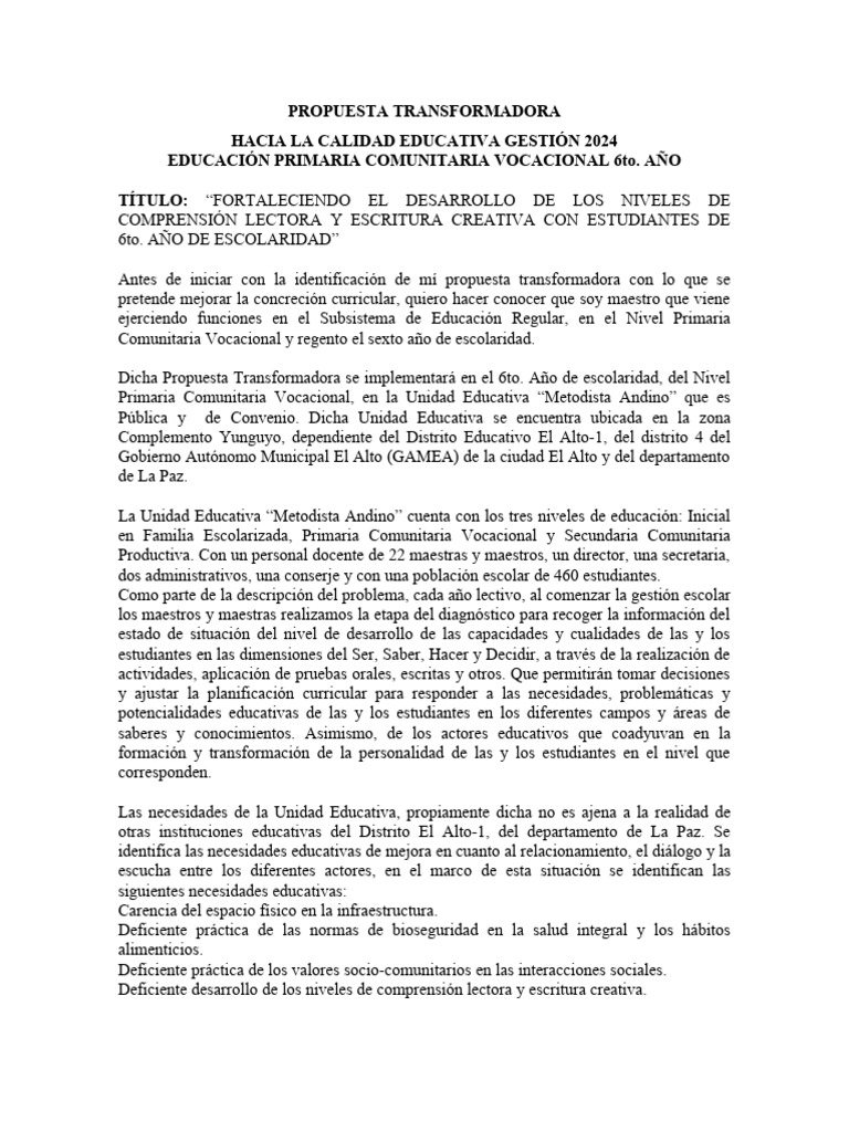 Propuesta Transformadora 2024 Felix | PDF | Comprensión lectora ... Propuesta Transformadora 2024 Felix | PDF | Comprensión lectora ...