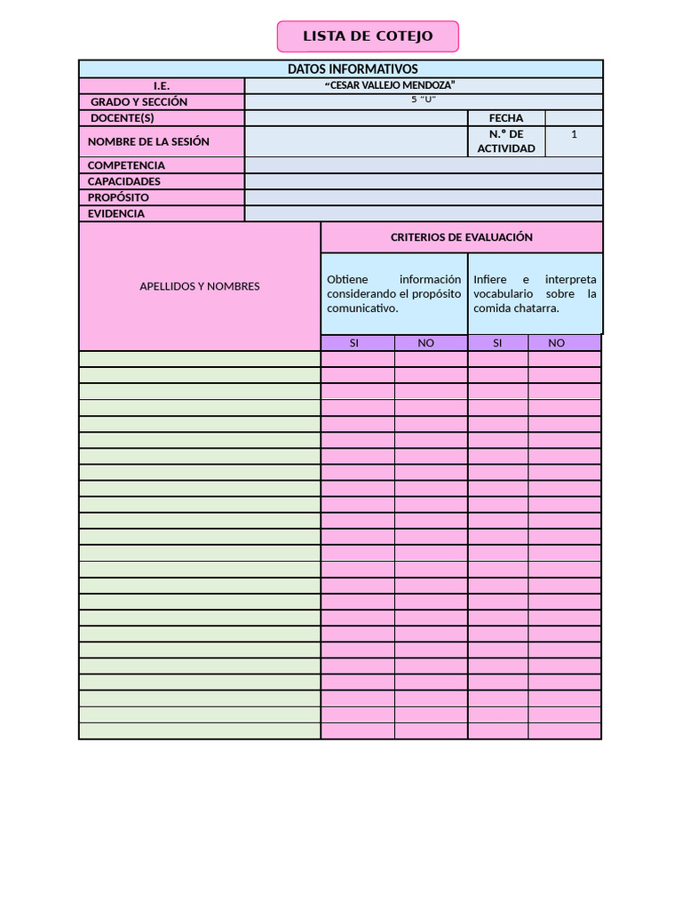 Lista de Cotejo Inglés | PDF