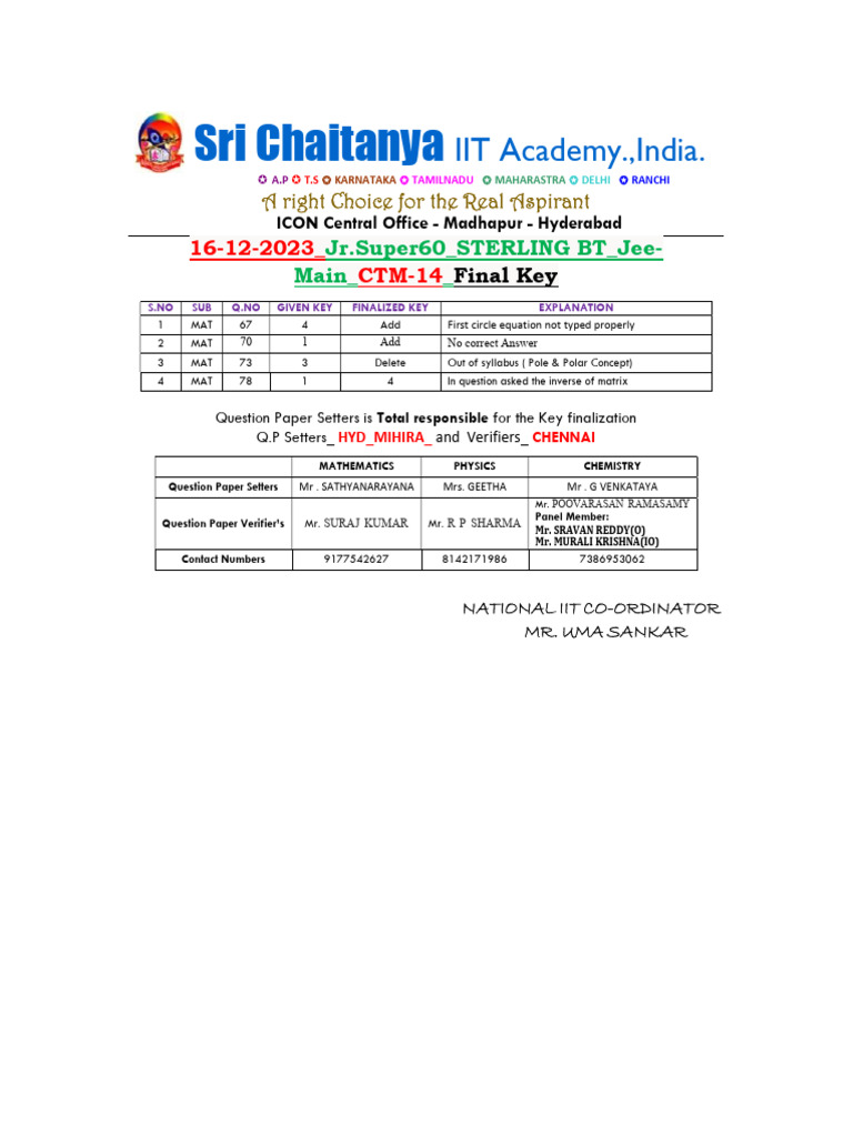 16-12-2023 JR - Super60 Sterling BT Jee-Main Ctm-14 Final Key | PDF