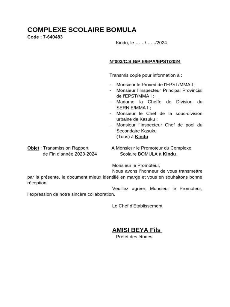 Lettre AMISI BEYA Fils | PDF