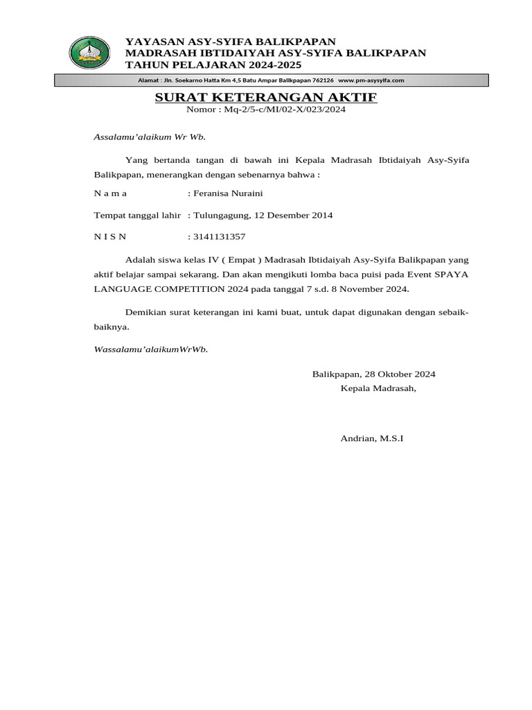 Surat Keterangan Aktif Lomba | PDF