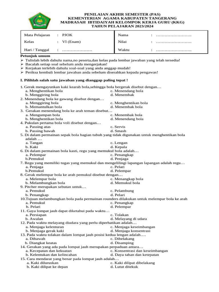 SOAL PAS PJOK KELAS 6 - Muhadi Muhamad | PDF