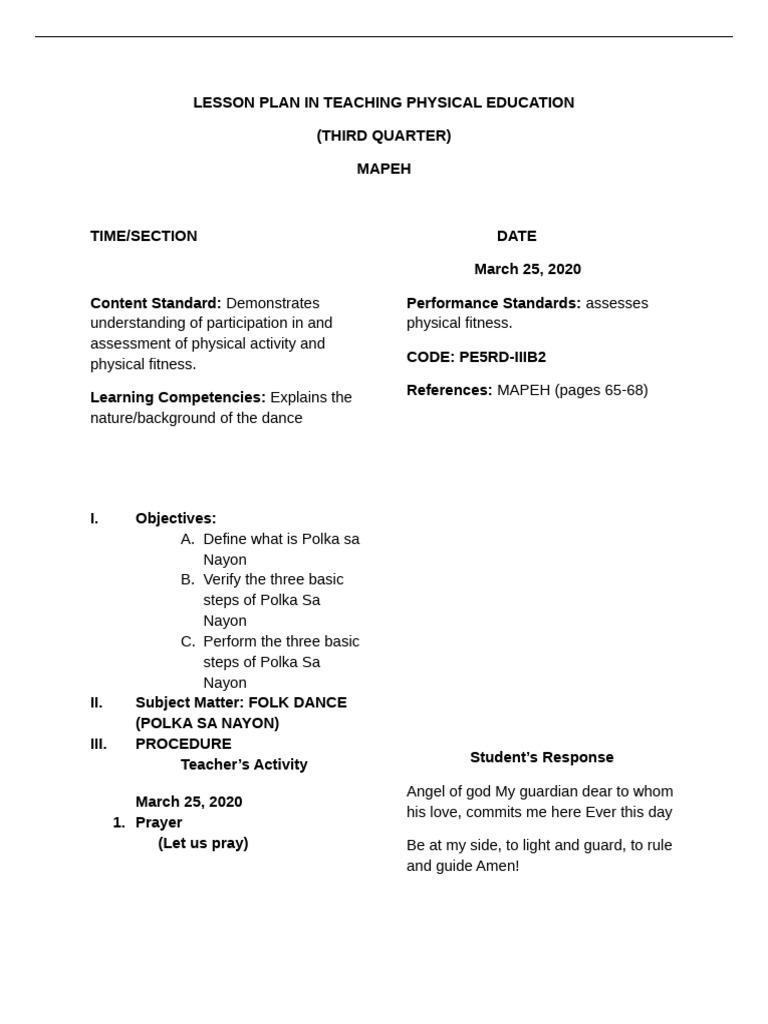 Lesson Plan in Teaching Physical Education | PDF