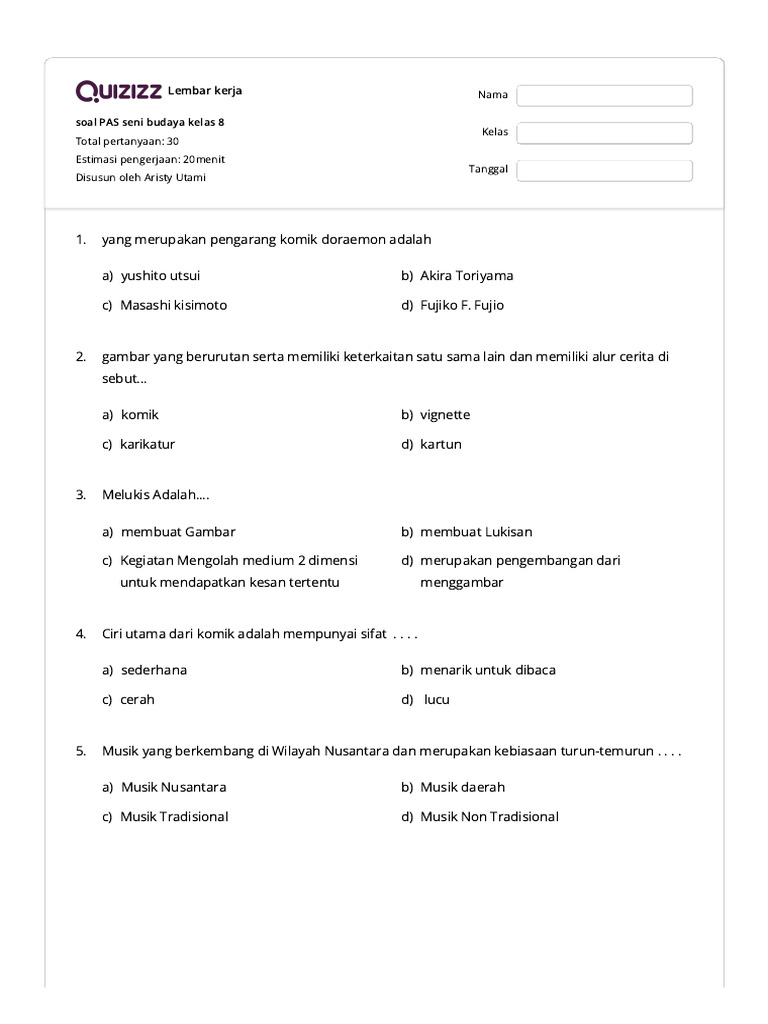 Soal PAS Seni Budaya Kelas 8 - Quizizz | PDF