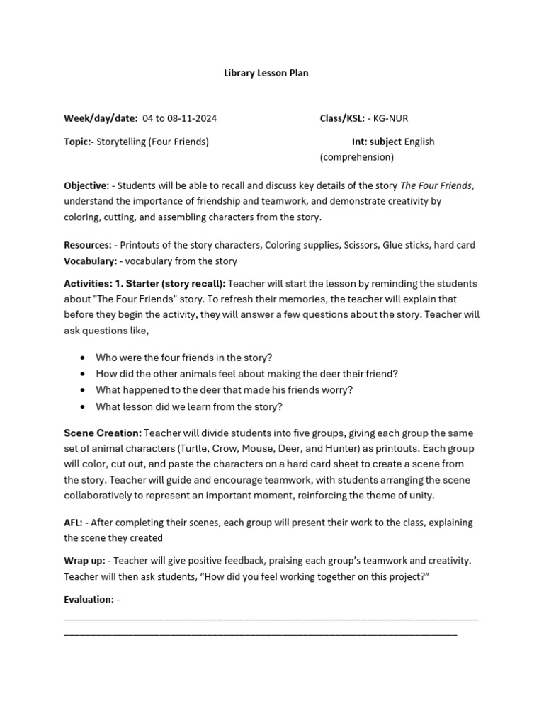 Four Friends Storytelling Lesson Plan | PDF | Language Arts ...