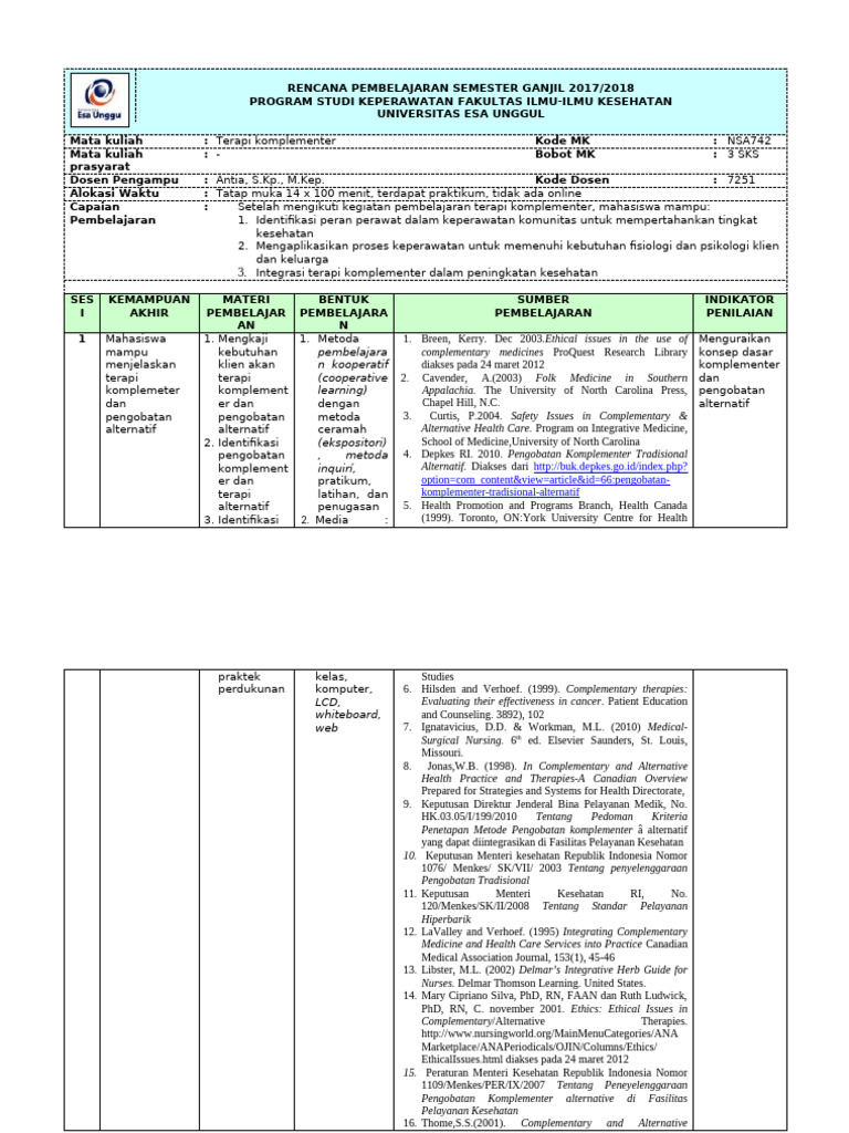 RPS NSA 472 Terapi Komplementer S. Ganjil 2018 | PDF | Sains & Matematika