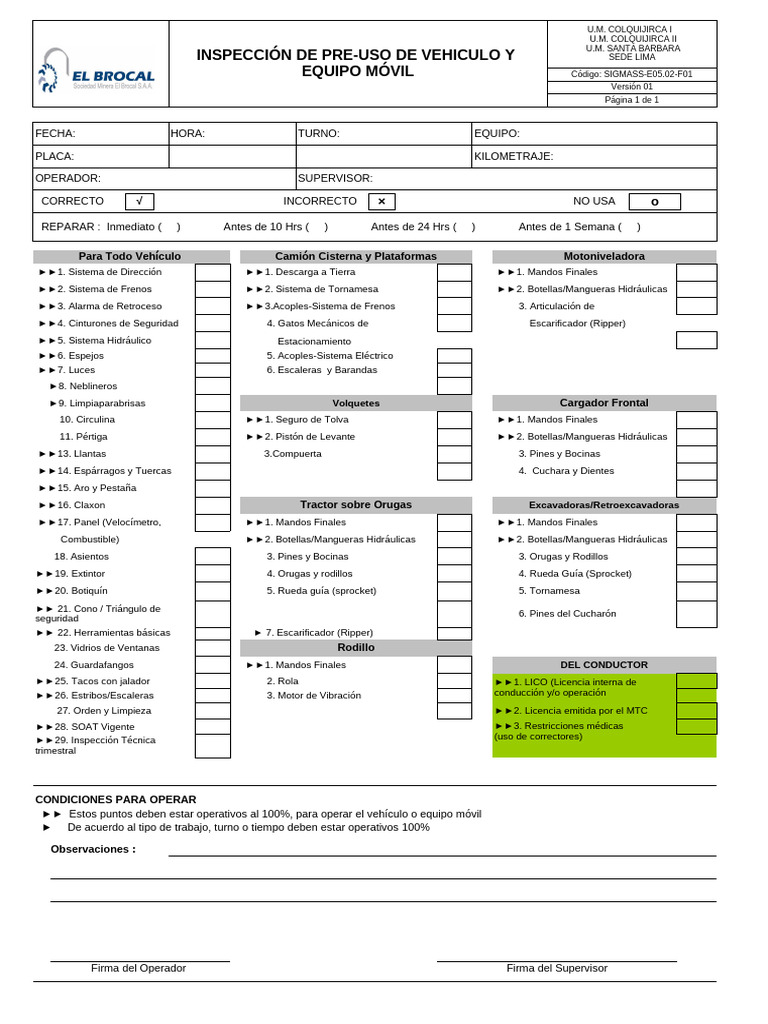 E05 02-F01 Inspeccion de Pre-Uso de Vehiculo y Equipo Movil | PDF | Vehículos terrestres ...