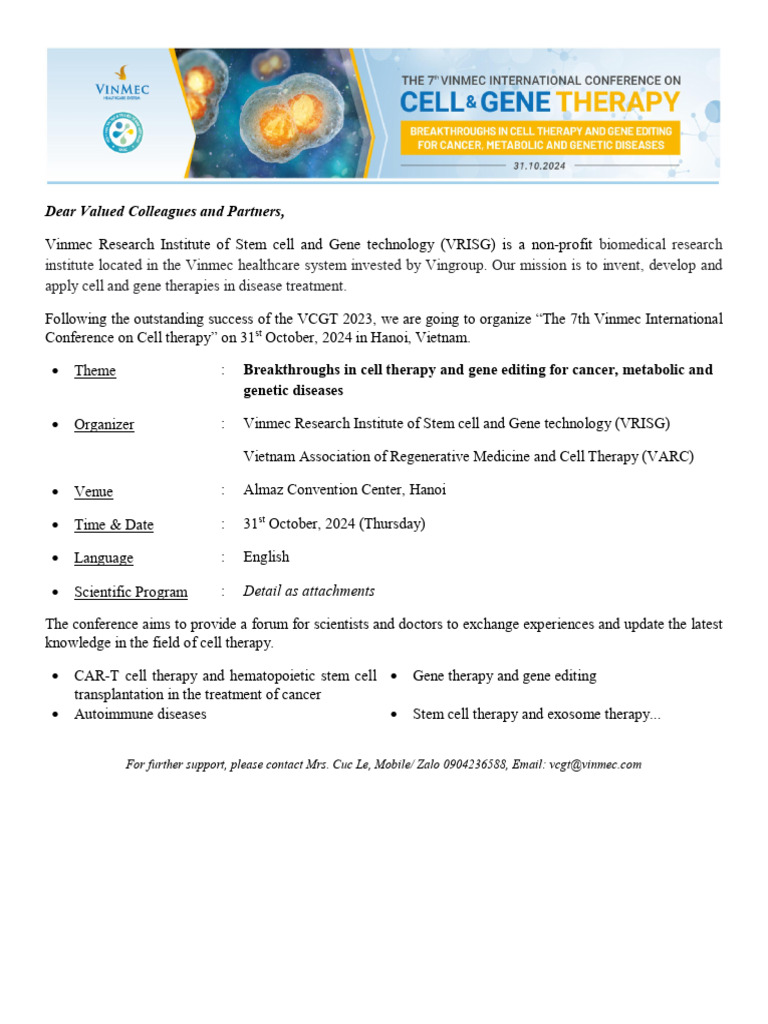Vinmec Cell Therapy Conference 2024 | PDF | Stem Cell | Cell Therapy