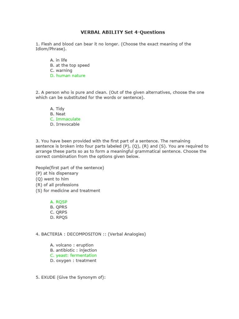 Verbal Ability SET 4 Answer Key | PDF